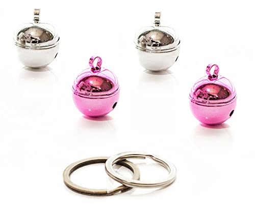 Dog and Cat Collar Bells Pink and Silver 4-Piece Combo Pet Tracker Round Handmade Copper with 4 Keyring Pendant Bells Loud Anti-Lost Training Bells