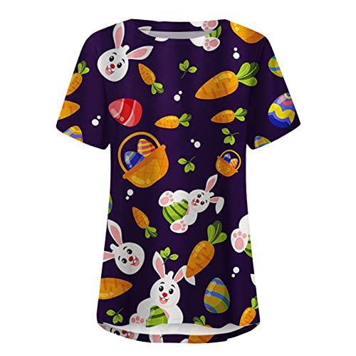 Womens Long Tunics or Tops to Wear with Leggings Happy Easter Shirts Short Sleeve Cute Bunny Rabbit Blouses Loose Pullover