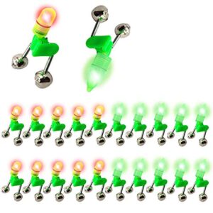 hlogree led night fishing rod bait alarm bell 20pcs with dual ring bells fishing indicator fish bait alarm portable fishing accessories bait alarm bell rod clip tip for fishing(10 red, 10 green)