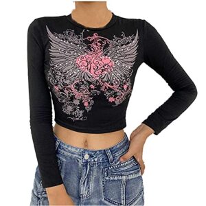 women teen girls funny printed top blouse women y2k cool punk top blouse women long sleeve top blouse black