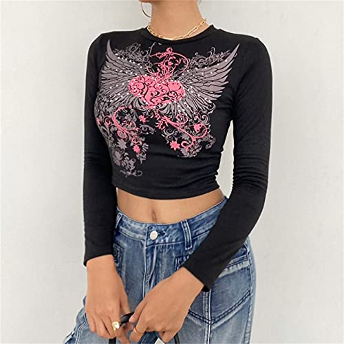 Women Teen Girls Funny Printed Top Blouse Women Y2K Cool Punk Top Blouse Women Long Sleeve Top Blouse Black