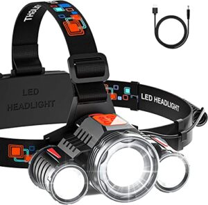 soprut led headlamp rechargeable, 6000 lumen, zoom & 90° adjustable head lamp, headlamps for adults, ipx4 waterproof, headlight for outdoors, camping, running, fishing, cycling