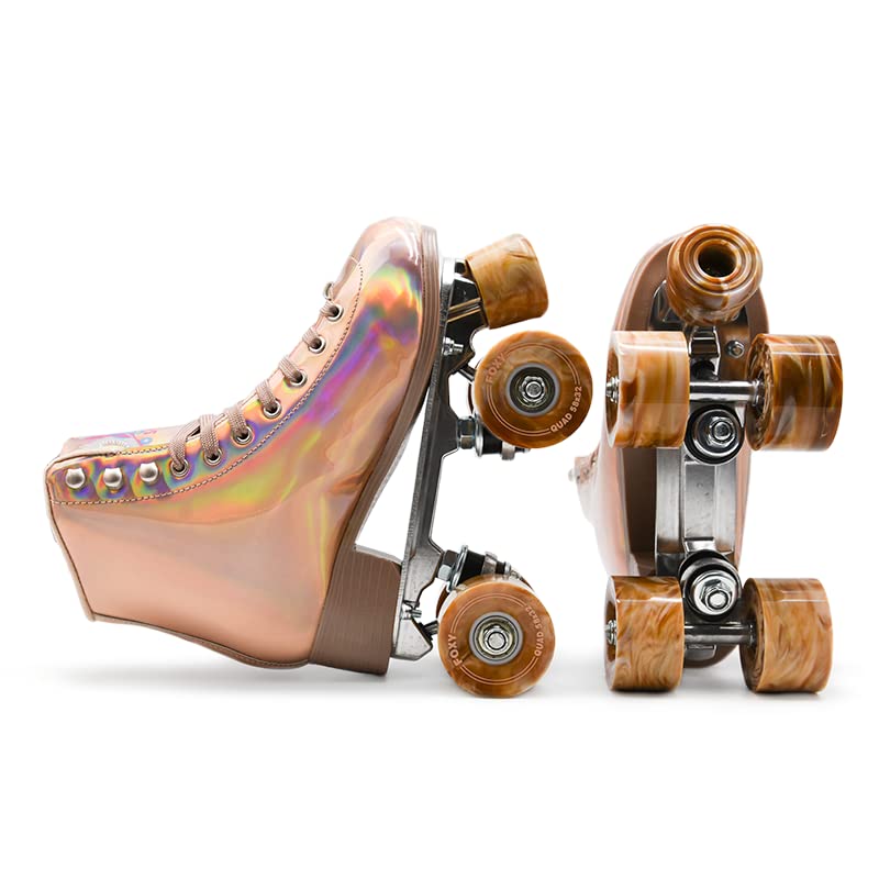 FoxySkate Roller Skates Women, Double Row & 4 Wheels Shiny Roller Skates for Women and Men, Adjustable, Indoor and Outdoor Roller Skates for Girls, 7 - 10 US - Rose Gold 9