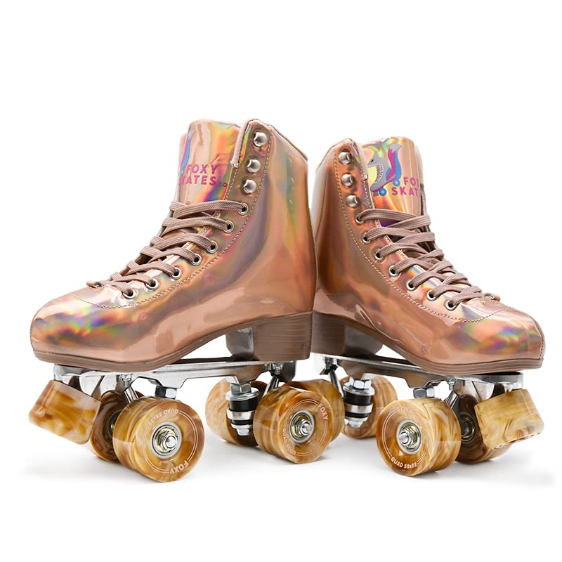 FoxySkate Roller Skates Women, Double Row & 4 Wheels Shiny Roller Skates for Women and Men, Adjustable, Indoor and Outdoor Roller Skates for Girls, 7 - 10 US - Rose Gold 9