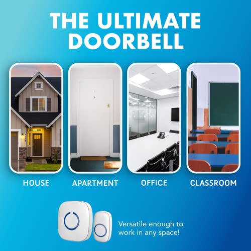 SadoTech Wireless Doorbells for Home, Apartments, Businesses, Classrooms, etc. - 2 Door Bell Ringer & 1 Plug-In Chime Receiver, Battery Operated, Easy-to-Use, Wireless Doorbell w/LED Flash, White