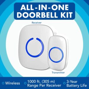 SadoTech Wireless Doorbells for Home, Apartments, Businesses, Classrooms, etc. - 2 Door Bell Ringer & 1 Plug-In Chime Receiver, Battery Operated, Easy-to-Use, Wireless Doorbell w/LED Flash, White