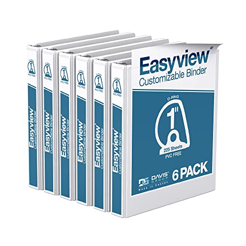 EasyView Premium 1-Inch Binders with Clear-View Covers, 3-Ring Binders for School, Office, or Home, Colored Binder Notebooks, Pack of 6, D Ring, White