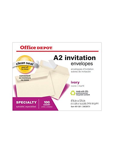 Office Depot Clean Seal(TM) Invitation Envelopes, 4 3/8in. x 5 3/4in., Ivory, Box Of 100, OM00698