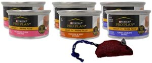 purina pro plan prime plus senior wet cat food entree 3 flavor sampler 6 can sampler, (2) each: salmon tuna, turkey giblets, chicken beef (3 ounces), plus spot catnip toy bundle