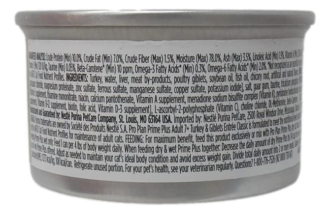 Purina Pro Plan Prime Plus Senior Wet Cat Food Entree 3 Flavor Sampler 6 Can Sampler, (2) Each: Salmon Tuna, Turkey Giblets, Chicken Beef (3 Ounces), Plus Spot Catnip Toy Bundle