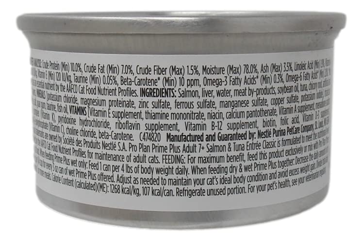 Purina Pro Plan Prime Plus Senior Wet Cat Food Entree 3 Flavor Sampler 6 Can Sampler, (2) Each: Salmon Tuna, Turkey Giblets, Chicken Beef (3 Ounces), Plus Spot Catnip Toy Bundle