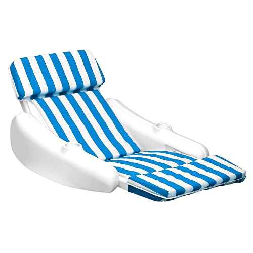 Swimline SunChaser Padded Floating Luxury Pool Lounger Sling Chair Float w/Extra Thick Headrest and 2 Cup Holders, Blue/White Stripe