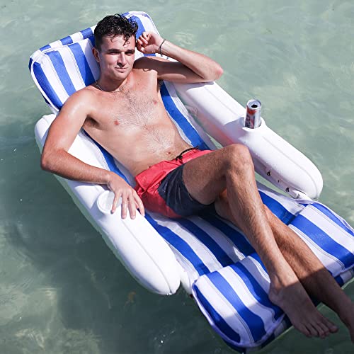 Swimline SunChaser Padded Floating Luxury Pool Lounger Sling Chair Float w/Extra Thick Headrest and 2 Cup Holders, Blue/White Stripe