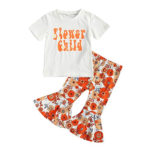 Little Toddler Baby Girl Letter Short Sleeve T-Shirt Tops Floral Flared Bell-Bottom Pants Leggings Kids Summer Outfits Set (White, 4-5 Years)