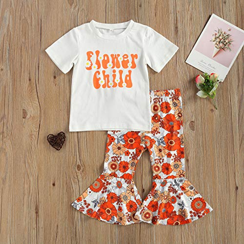 Little Toddler Baby Girl Letter Short Sleeve T-Shirt Tops Floral Flared Bell-Bottom Pants Leggings Kids Summer Outfits Set (White, 4-5 Years)