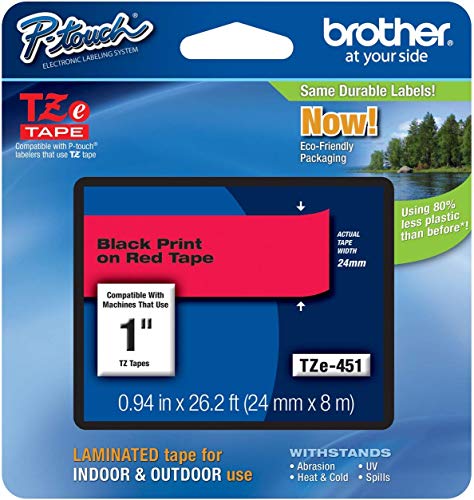 Brother Genuine P-Touch TZE-451 Tape, 1" (24 mm) Standard Laminated P-Touch Tape, Black on Red, for Indoor or Outdoor Use, Water-Resistant, 26.2 ft (8 m), Single-Pack (6)