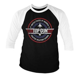 top gun officially licensed fighter weapons school baseball 3/4 sleeve t-shirt (white-black), small