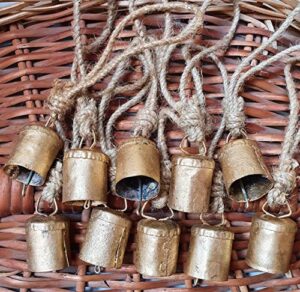 highbix 4cm small vintage rustic lucky tin metal cow bells handmade christmas décor bells on jute rope (10, cylinder)