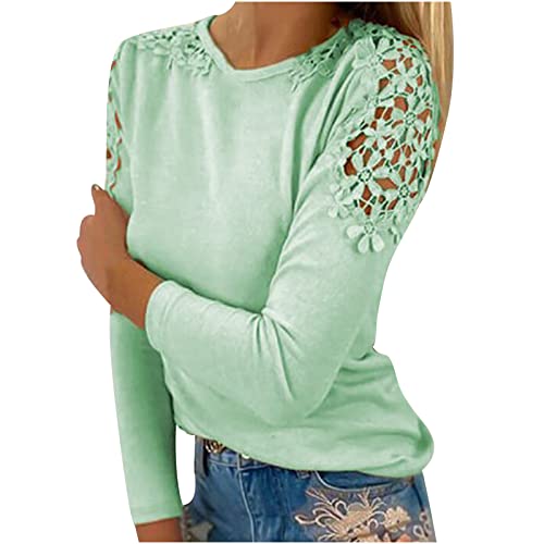 Off Shoulder Tops for Women Ladies Long Sleeve Round Neck T-Shirt Sexy Lace Crochet Flowy Tunic Tees Pullover Loose Blouse Green