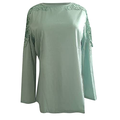 Off Shoulder Tops for Women Ladies Long Sleeve Round Neck T-Shirt Sexy Lace Crochet Flowy Tunic Tees Pullover Loose Blouse Green