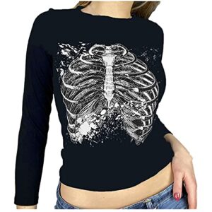 women teen girls funny printed top blouse women y2k cool punk top blouse women long sleeve top blouse black