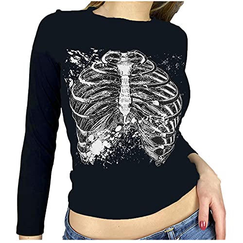 Women Teen Girls Funny Printed Top Blouse Women Y2K Cool Punk Top Blouse Women Long Sleeve Top Blouse Black