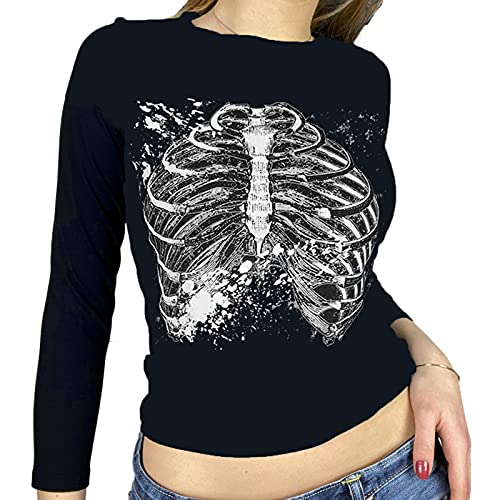 Women Teen Girls Funny Printed Top Blouse Women Y2K Cool Punk Top Blouse Women Long Sleeve Top Blouse Black