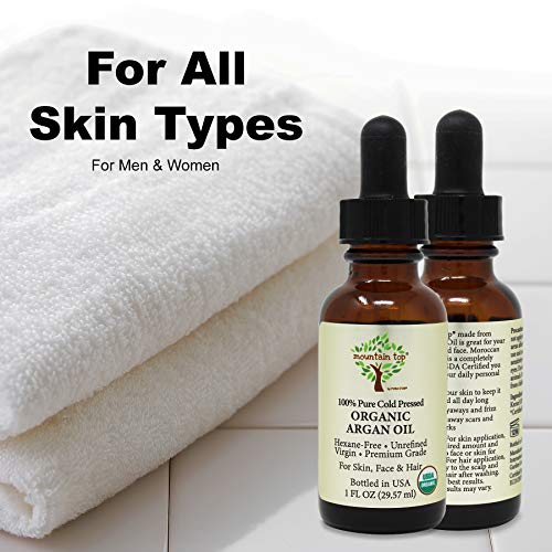 MOUNTAIN TOP Argan Oil USDA Organic 100% Pure Cold Pressed Unrefined - Premium Grade Pure Moisturizer for Dry & Damaged Skin, Hair, Face, Body, Scalp & Nails