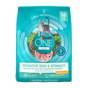 purina one sensitive stomach, sensitive skin, natural dry cat food, +plus sensitive skin and stomach formula – 16 lb. bag