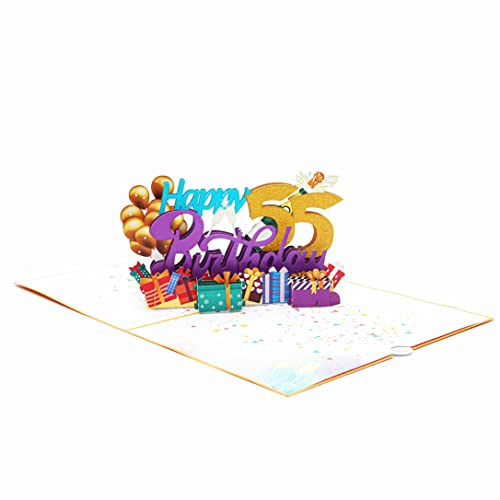 Liif Happy 55th Birthday 3D Greeting Pop Up Card, 55th Birthday Card For Women, Men, Mom, Dad - Balloon, Champagne, Funny, 55 Years Old, Celebration | With Message Note & Envelop | Size 8 X 6 Inch