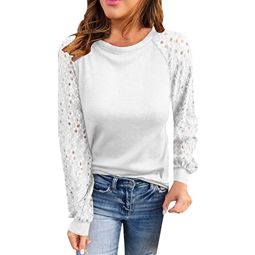 Long Sleeve Tshirts for Women Crewneck Lace Hollow Sleeve Waffle Plain Fall Tops Shirts Summer Casual Tee Trendy O Round Neck Tunic Blouses Spring Autumn T-shirts to Wear Solid Color White