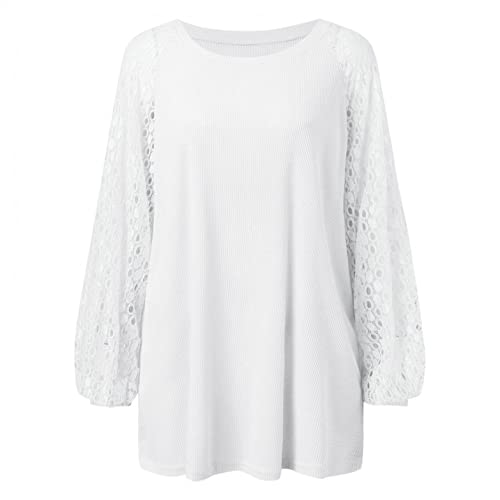 Long Sleeve Tshirts for Women Crewneck Lace Hollow Sleeve Waffle Plain Fall Tops Shirts Summer Casual Tee Trendy O Round Neck Tunic Blouses Spring Autumn T-shirts to Wear Solid Color White