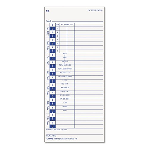 Tops 12443 Time Cards, for Pyramid Time Clocks, 143 Lb, 100/Pk, 4-Inch X9-Inch