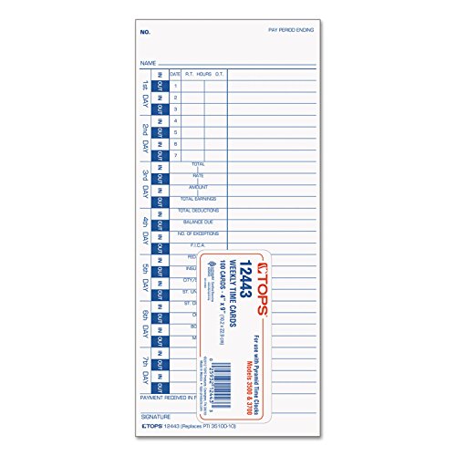 Tops 12443 Time Cards, for Pyramid Time Clocks, 143 Lb, 100/Pk, 4-Inch X9-Inch