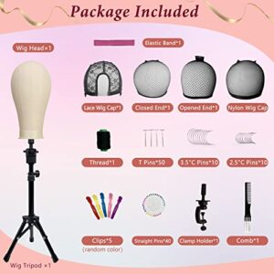 22 Inch Canvas Block Head Mannequin Wig Head (White), Wig Stand Tripod with Head, Mannequin Head Wig Display Styling Head With Mount Hole, Manikin Canvas Head Block Set for Wigs Making Display with Wig Caps, T Pins C Pins Set Bristle Brush