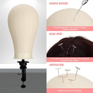 22 Inch Canvas Block Head Mannequin Wig Head (White), Wig Stand Tripod with Head, Mannequin Head Wig Display Styling Head With Mount Hole, Manikin Canvas Head Block Set for Wigs Making Display with Wig Caps, T Pins C Pins Set Bristle Brush