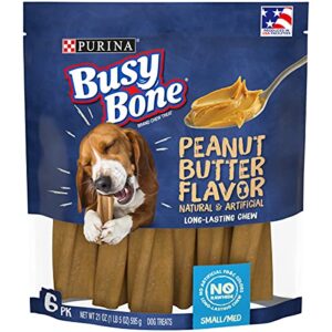 busy purina bone made in usa facilities, long lasting small/medium breed adult dog chews, peanut butter flavor – 6 ct. pouch