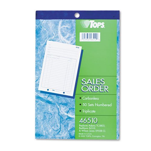 TOPS Products - TOPS - Sales Order Book, 5-1/2 x 7-7/8, 3-Part Carbonless, 50 Sets/Book - Sold As 1 Each - Unheaded columns for customizing to specific needs. - Order forms consecutively numbered to help with record keeping. - Perforated for easy removal.