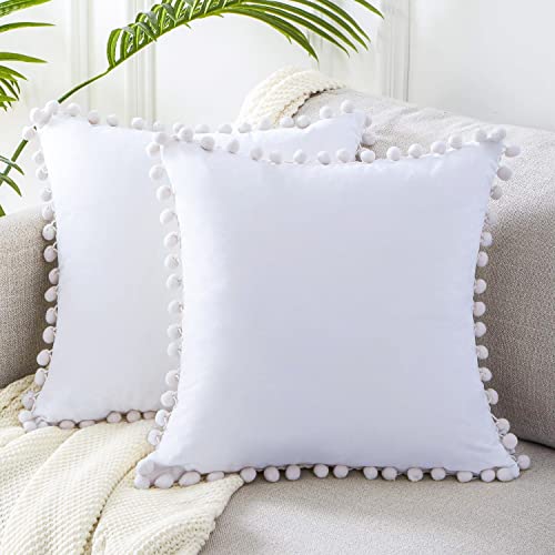 Top Finel Decorative Throw Pillow Covers with Pom Poms Soft Particles Velvet Solid Cushion Covers 18 X 18 for Couch Bedroom Car, Pack of 2, Pure White