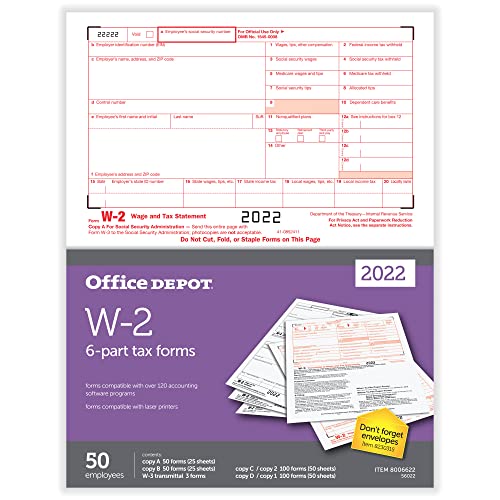 Office Depot® Brand W-2 Laser Tax Forms, 6-Part, 2-Up, 8-1/2" x 11", Pack of 50 Form Sets