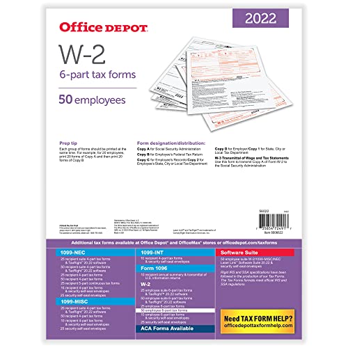 Office Depot® Brand W-2 Laser Tax Forms, 6-Part, 2-Up, 8-1/2" x 11", Pack of 50 Form Sets