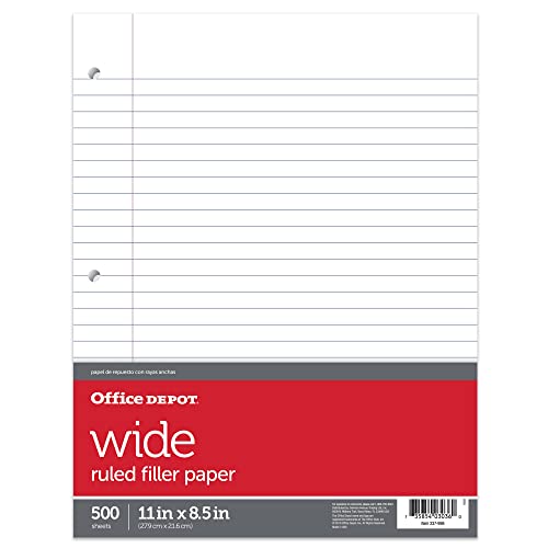 Office Depot Ruled Filler Paper, 3-Hole Punched, 16-Lb, Wide Ruled With Margin, 11in x 8 1/2in, 500 Sheets, 09228OD