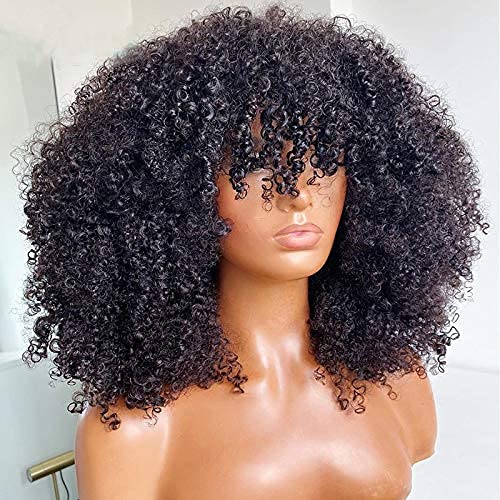 Afro Kinky Curly Wig With Bangs Scalp Top Wig 200 Density Full Machine Made Virgin Brazilian Short Curly Human Hair Wigs Natural Color 20Inch