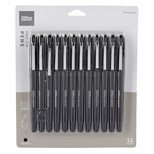 Office Depot® Brand Felt-Tip Porous Pens, Medium Point, 1.0 mm, Black Barrels, Black Ink, Pack Of 12 Pens