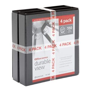 Office Depot® Brand Durable View 3-Ring Binder, 1 1/2" Round Rings, 49% Recycled, Black, Pack Of 4