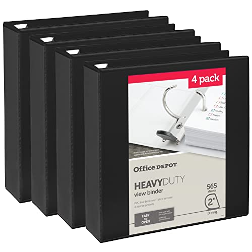 Office Depot® Heavy-Duty View 3-Ring Binder, 2" D-Rings, Black, 49% Recycled, Pack Of 4