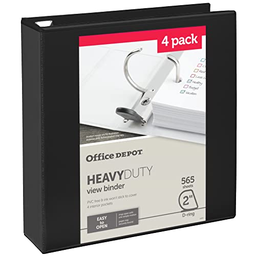 Office Depot® Heavy-Duty View 3-Ring Binder, 2" D-Rings, Black, 49% Recycled, Pack Of 4