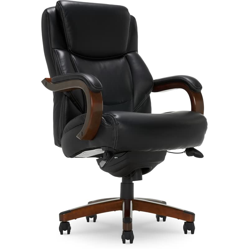 La-Z-Boy Delano Big & Tall Executive Office Chair | High Back Ergonomic Lumbar Support, Bonded Leather, Black with Mahogany Wood Finish | 45833A