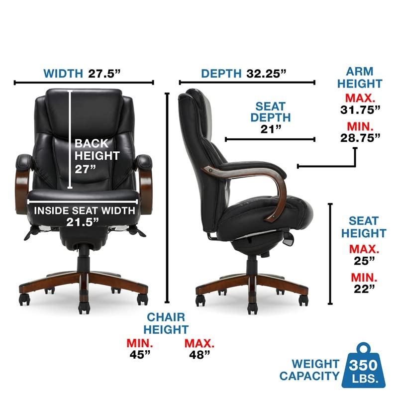 La-Z-Boy Delano Big & Tall Executive Office Chair | High Back Ergonomic Lumbar Support, Bonded Leather, Black with Mahogany Wood Finish | 45833A