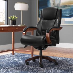 La-Z-Boy Delano Big & Tall Executive Office Chair | High Back Ergonomic Lumbar Support, Bonded Leather, Black with Mahogany Wood Finish | 45833A